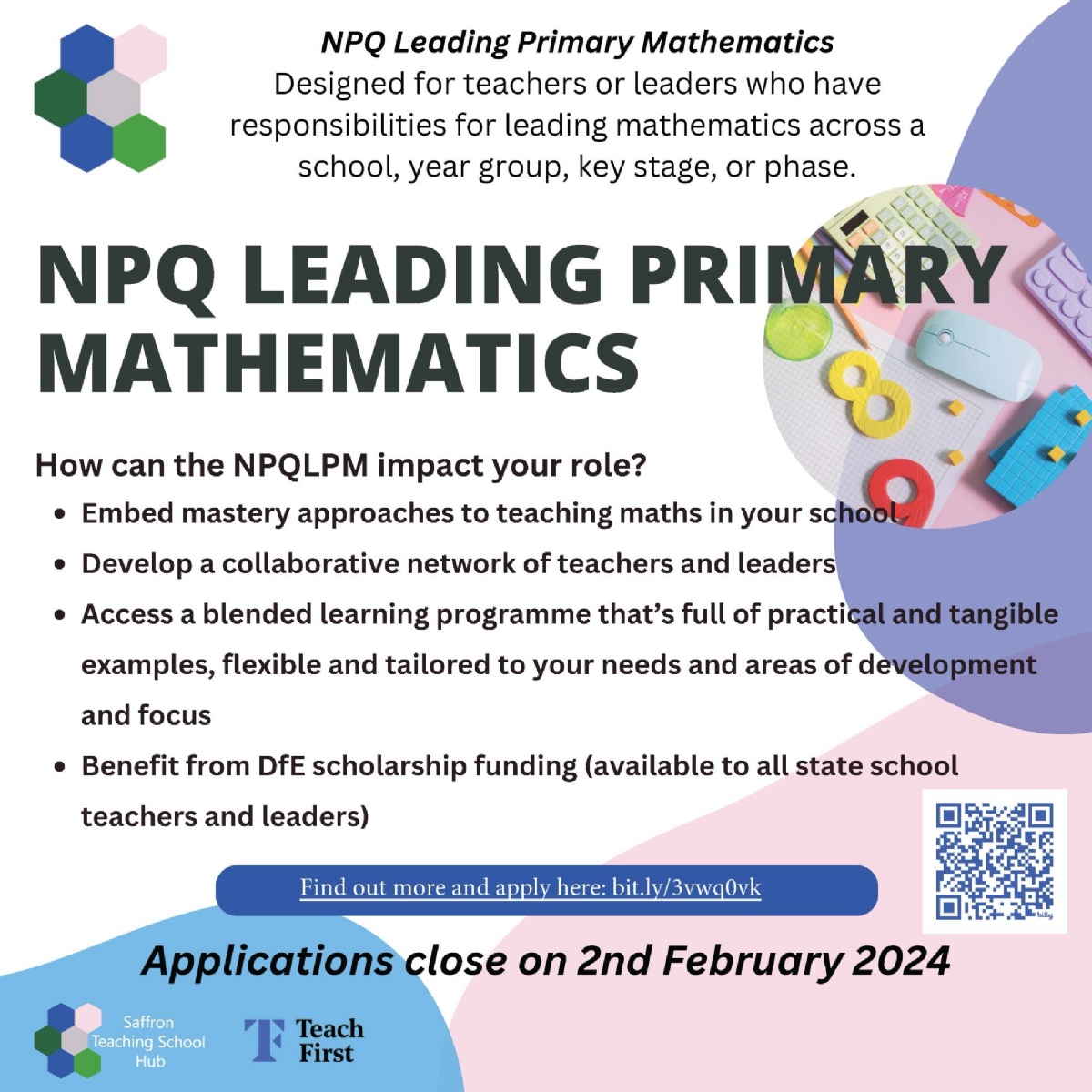 Saffron Teaching School Hub - NPQ Leading Primary Mathematics - apply by 2 February